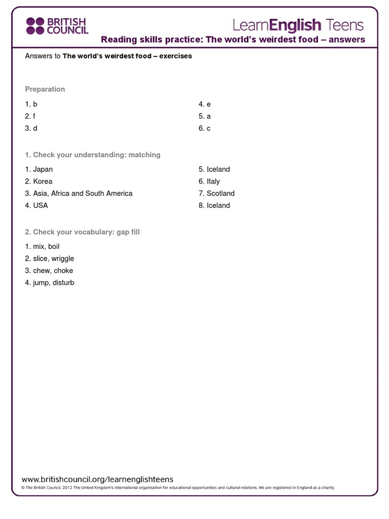 Weird Food Reading Skills Answers | PDF