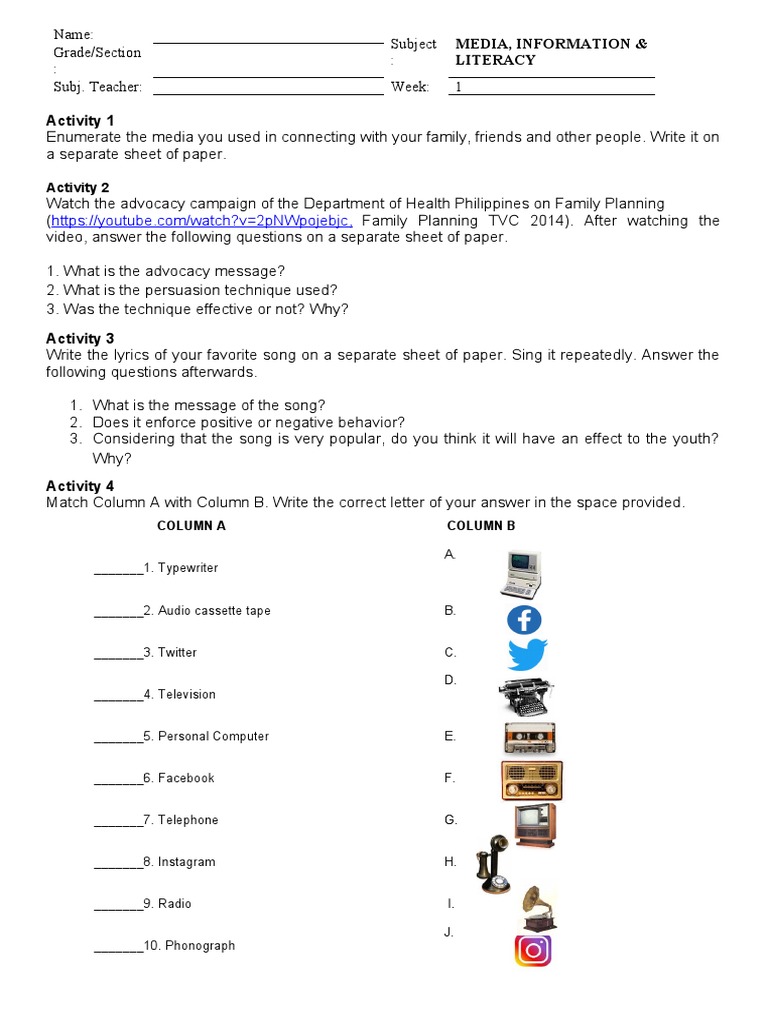 Media and Information Literacy Worksheet q1 w1 | PDF