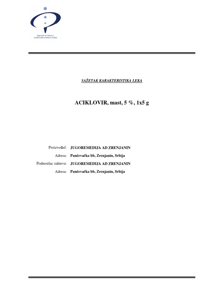 ACIKLOVIR, Mast, 5 %, 1x5 G: Sažetak Karakteristika Leka | PDF