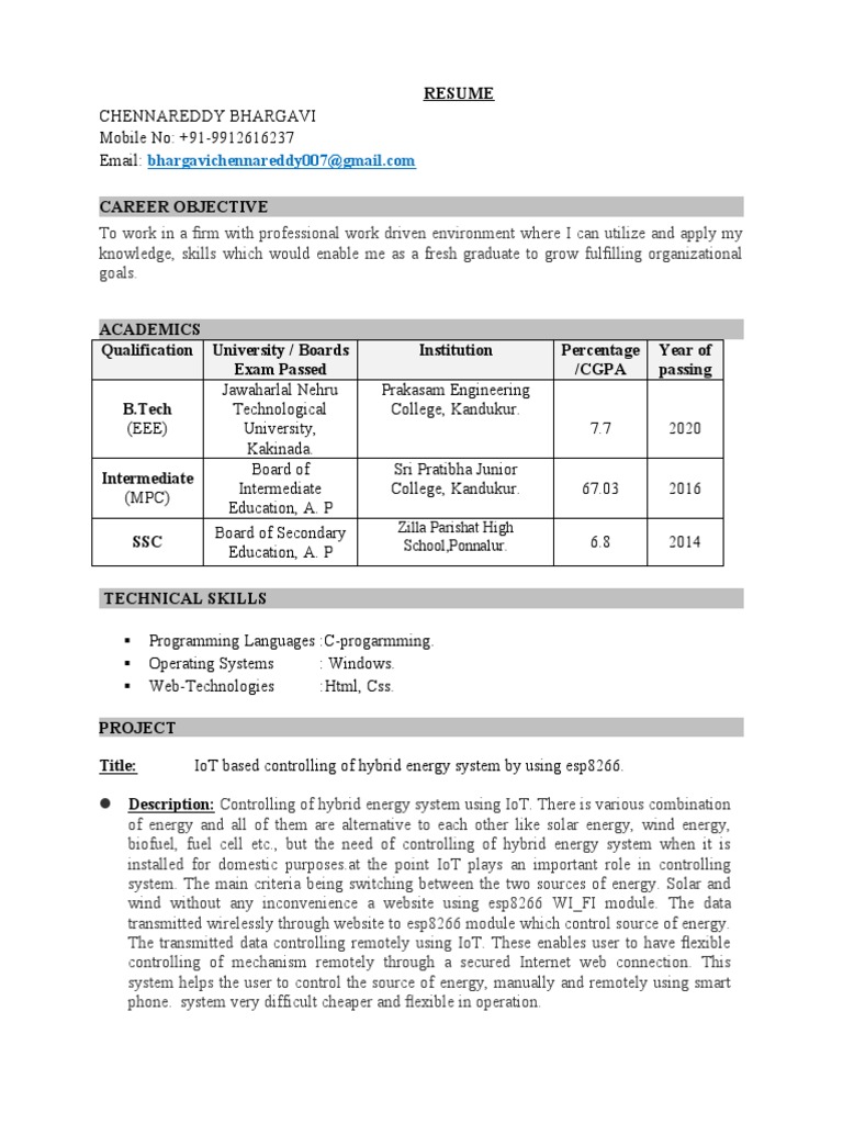Bhargavi New Resume | PDF | Internet Of Things | Energy Development