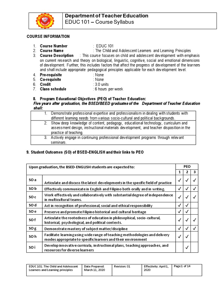 EDUC 101 - Course Syllabus: Department of Teacher Education | PDF ...
