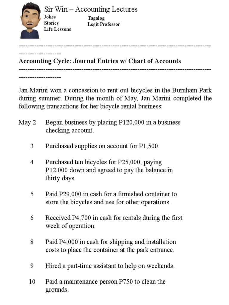 Accounting Cycle Journal Entries With Chart of Accounts | PDF | Expense ...