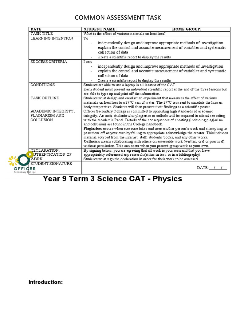 Yr9 Physics CAT Term 3 Remote | PDF | Experiment | Plagiarism