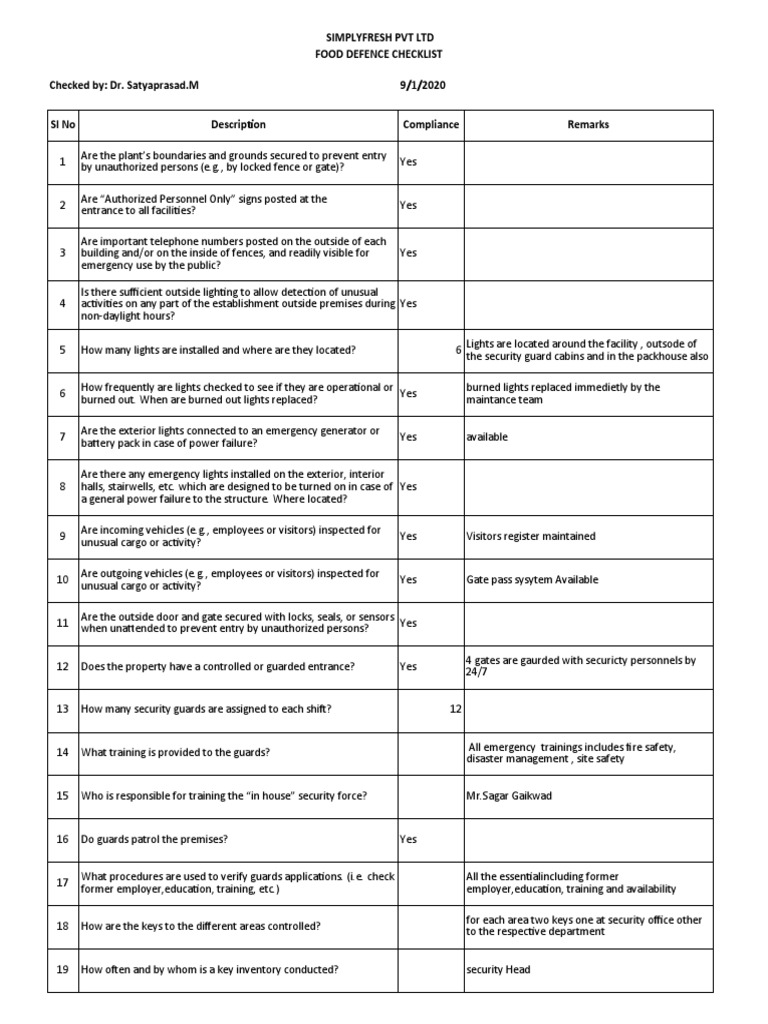Food Defence Checklist | PDF | Closed Circuit Television | Security Guard
