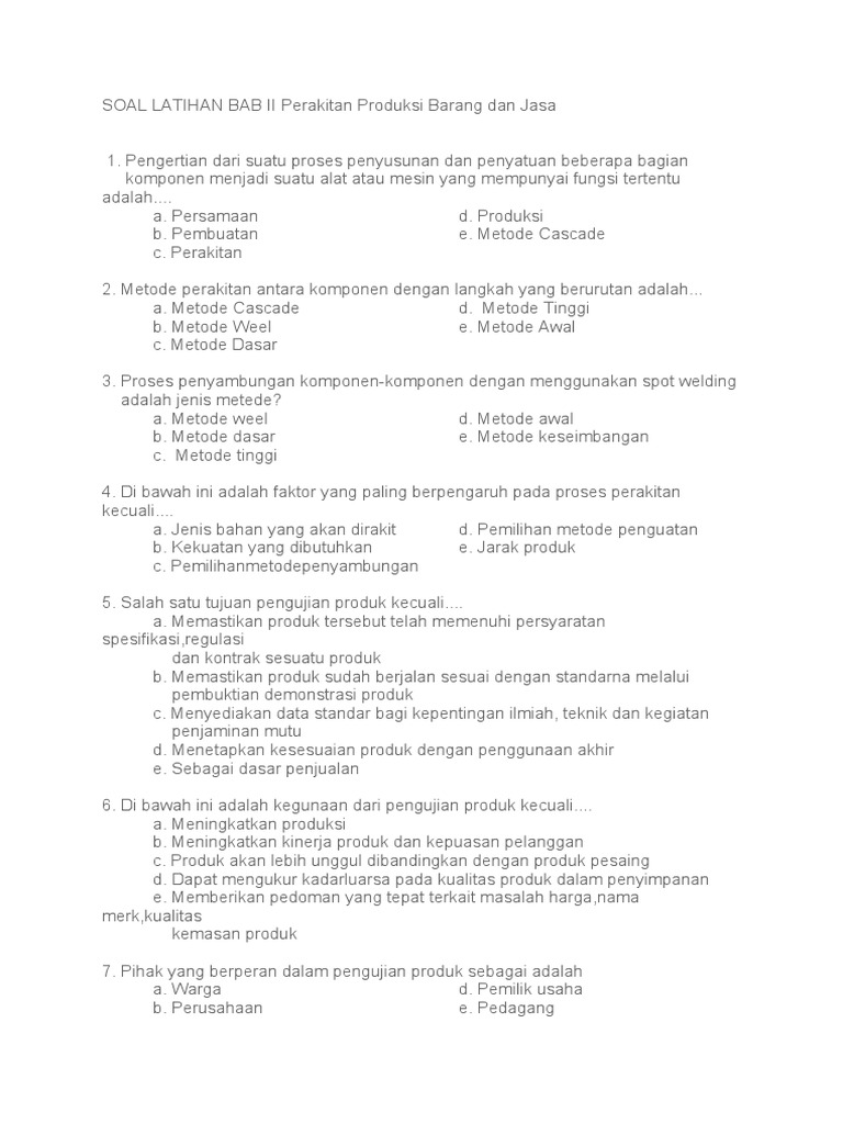 SOAL LATIHAN BAB II Perakitan Produksi Barang Dan Jasa | PDF