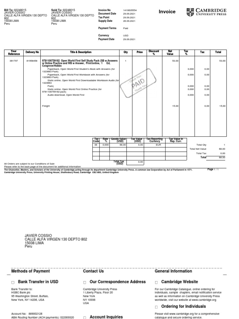 Invoice 1410635554 | PDF | Wire Transfer | Invoice
