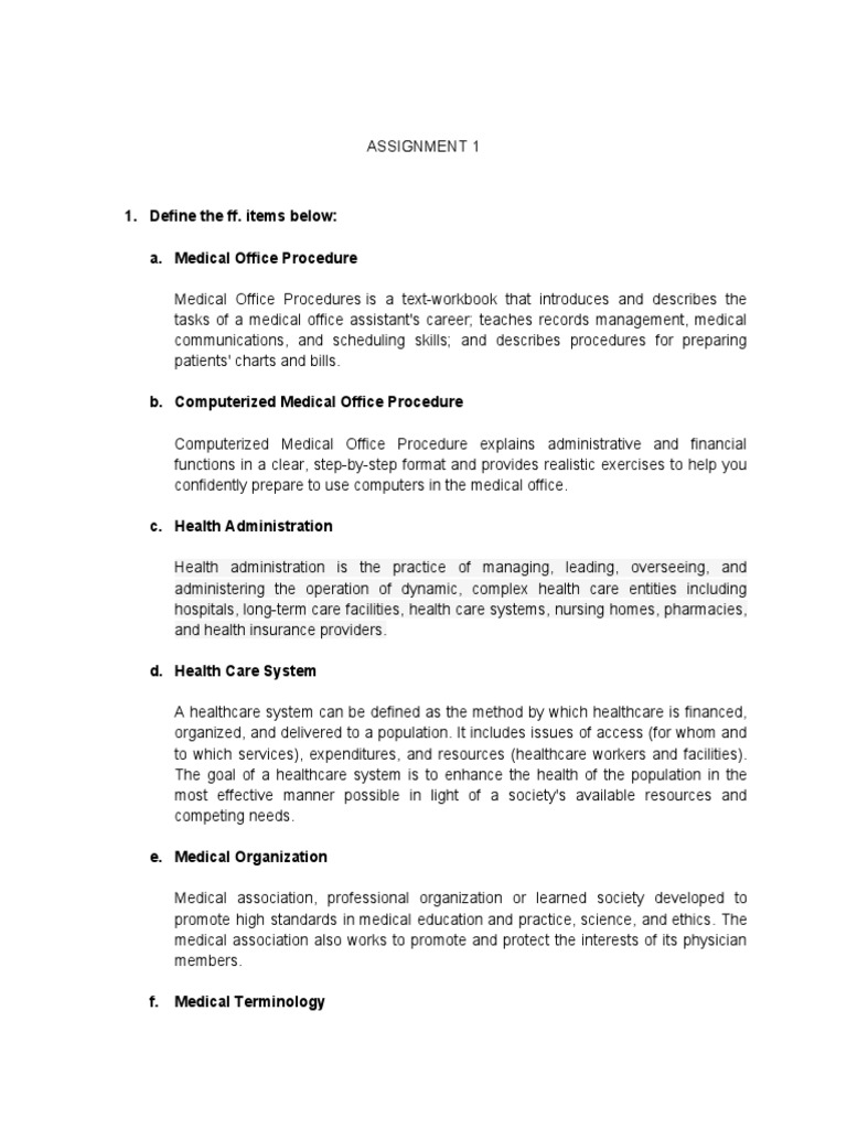 Define The Ff. Items Below: A. Medical Office Procedure | PDF ...