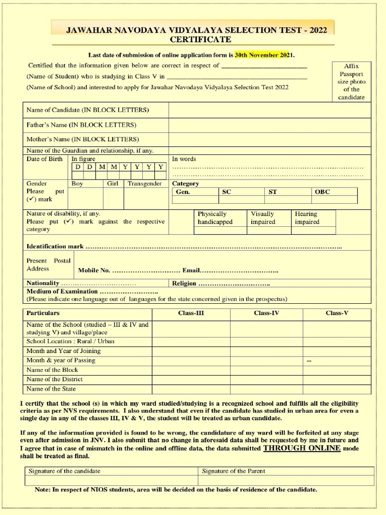 Navodaya Form 2022-23 | PDF