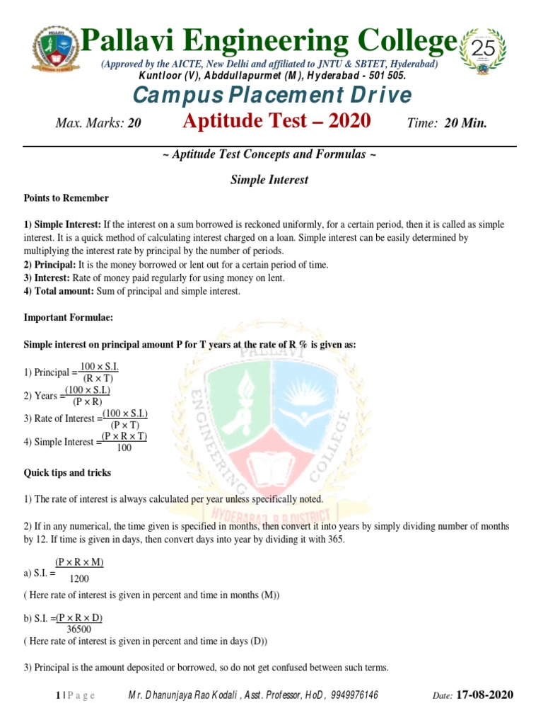 Aptitude Test Simple Interest | PDF | Interest | Interest Rates