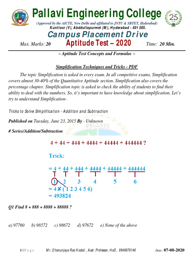 Aptitude Test For Simplification Topic | PDF | Evaluation Methods ...