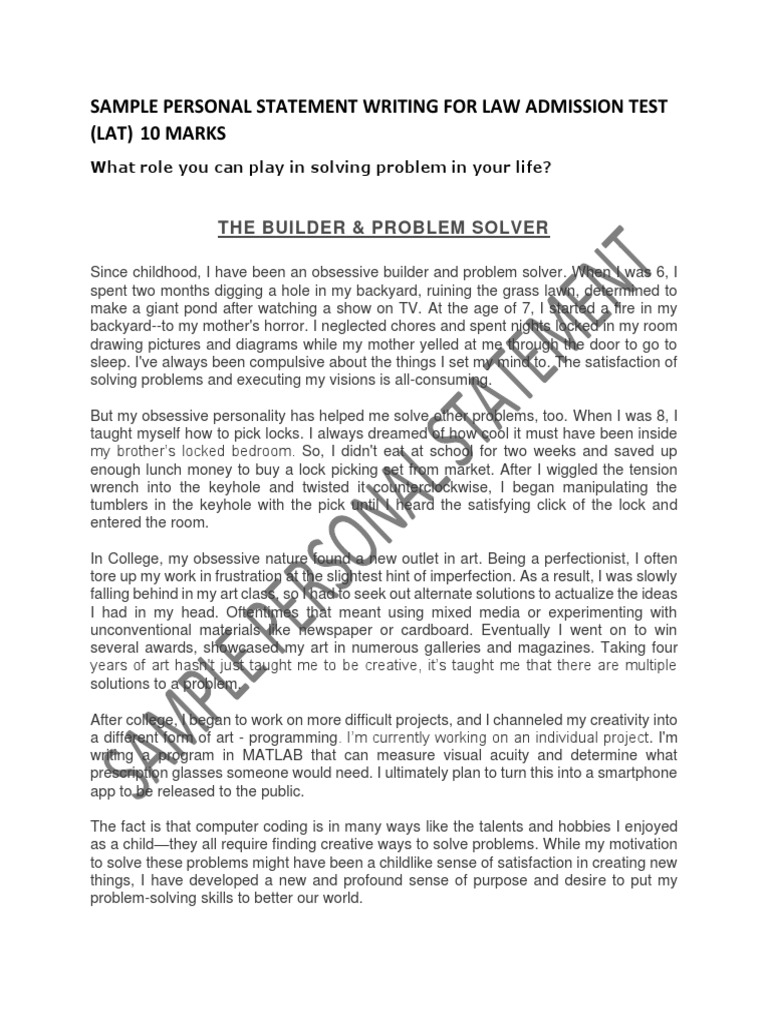 Sample Personal Statement Writing Law Admission Test LAT | PDF ...