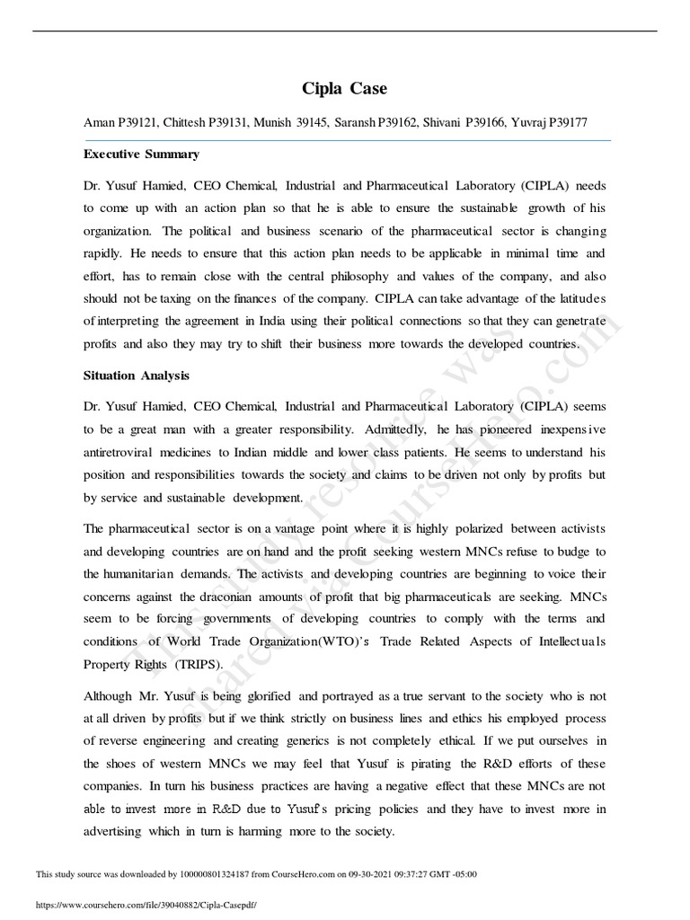 This Study Resource Was: Cipla Case | PDF | Profit (Economics ...