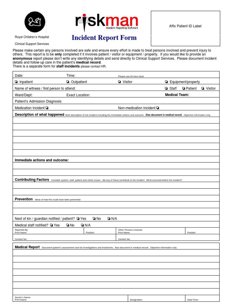 Incident Form | PDF | Patient | Medical Record