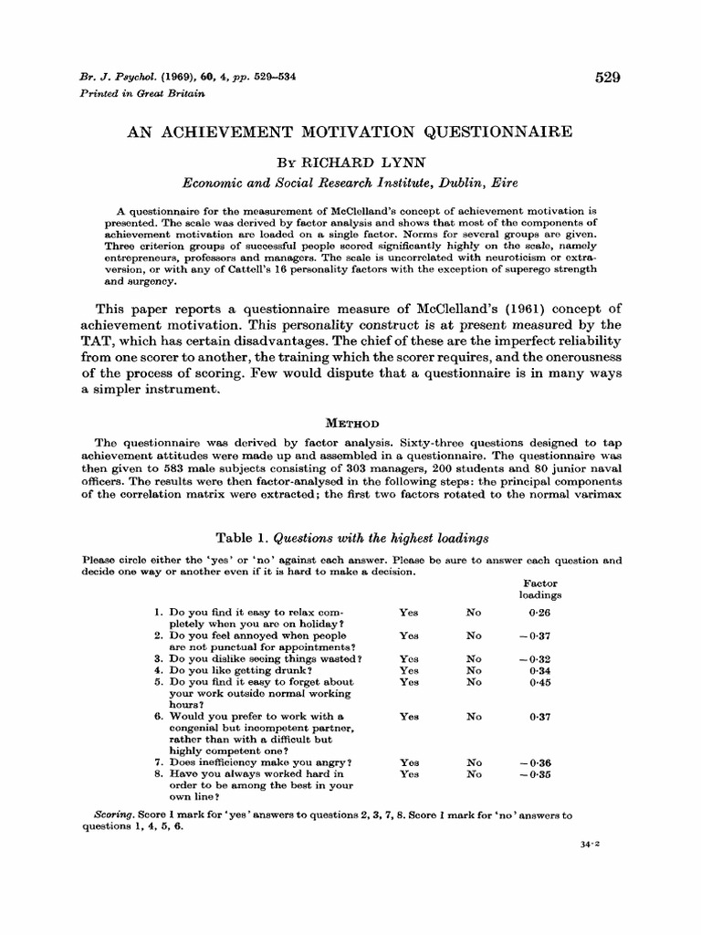 Mcclelland Achievement Motivattion Questionnaire | PDF | Motivational ...