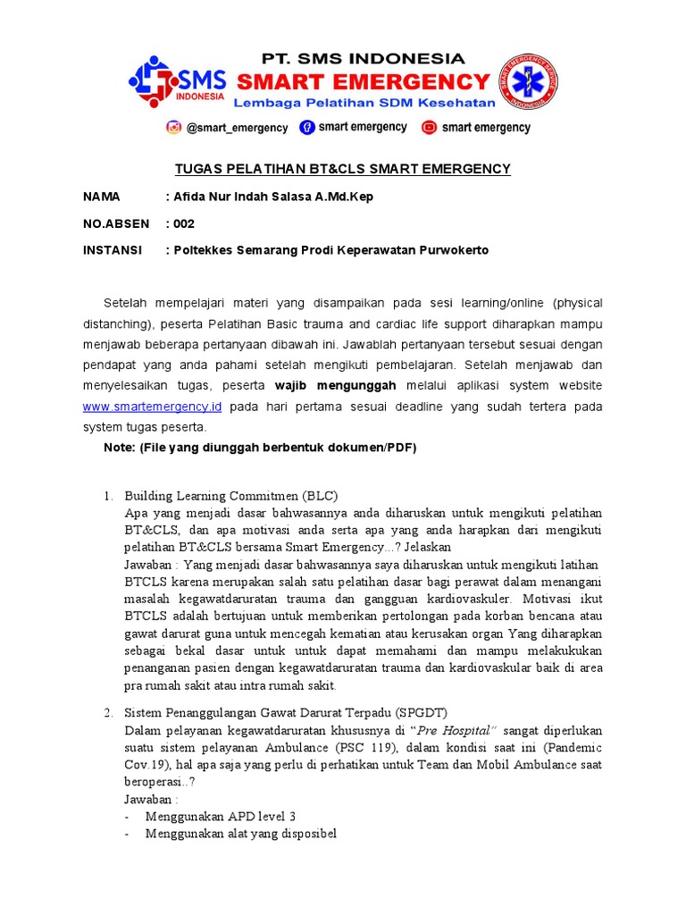 Tugas 1 Btcls Smart Emergency Afida Nur Indah Salasa A.md - Kep | PDF