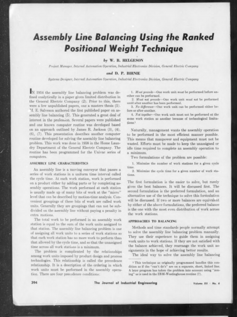 Assembly Line Balancing Using The Ranked Positional Weight Technique W. B. HELGESON, D. P ...