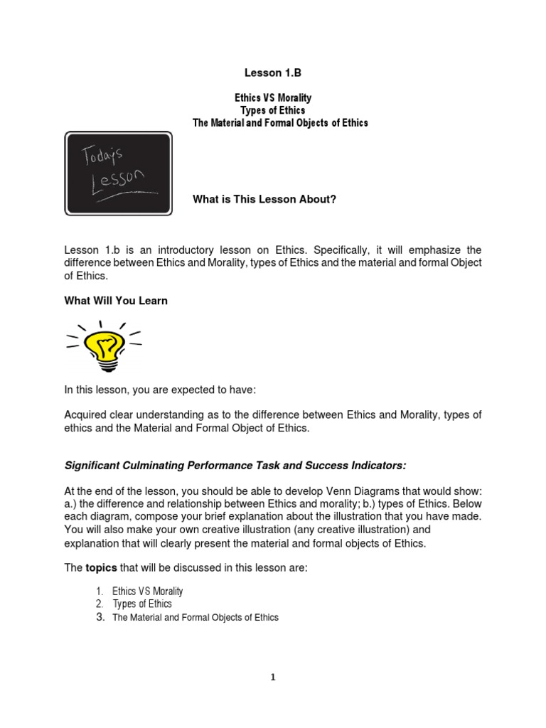 Lesson 1.B Ethics VS Morality Types of Ethics The Material and Formal ...