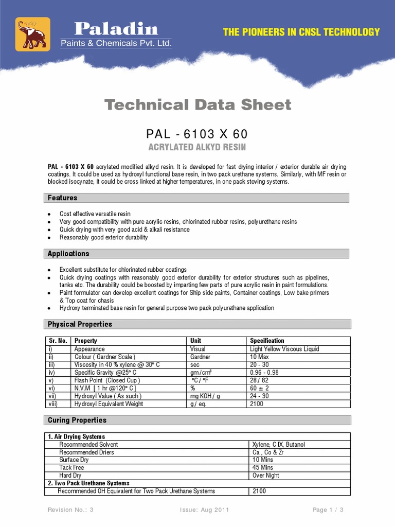 Acrylated Alkyd Resin PAL 6103 | PDF | Paint | Polyurethane