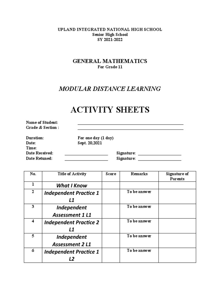 Modular Distance Learning Activities on Rational Functions, Equations ...