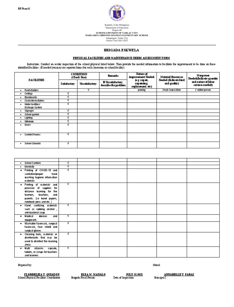 BE Form 1 PHYSICAL FACILITIES AND MAINTENANCE NEEDS ASSESSMENT FORM | PDF