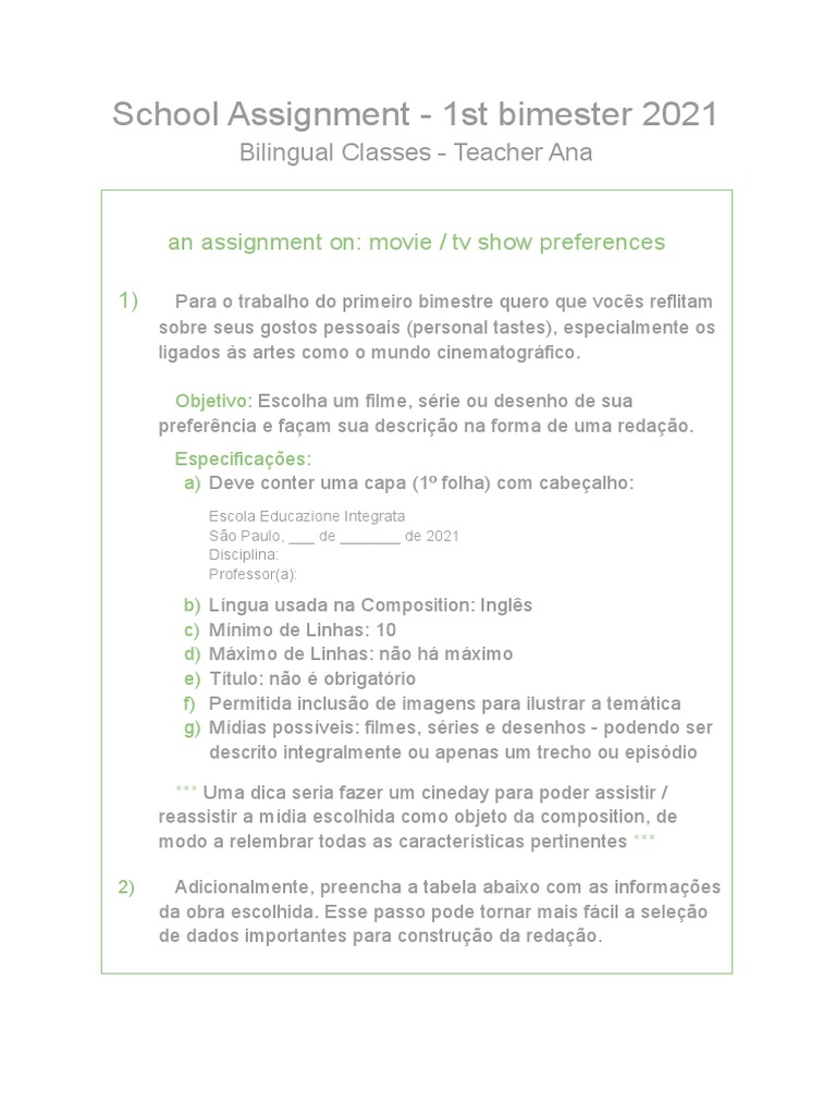 School Assignment - 1st Bimester 2021 - 6th Grade | PDF