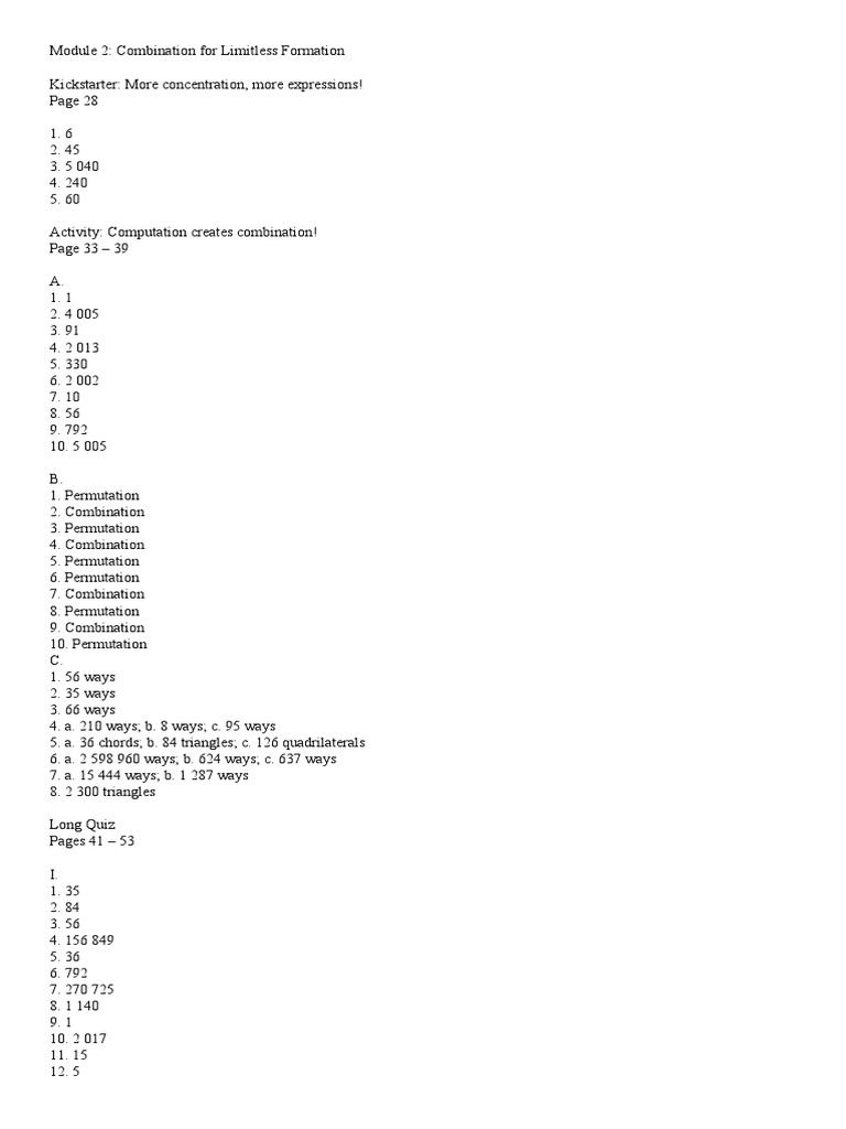 Module 2: Combination for Limitless Formation - A Document Covering Permutations, Combinations ...