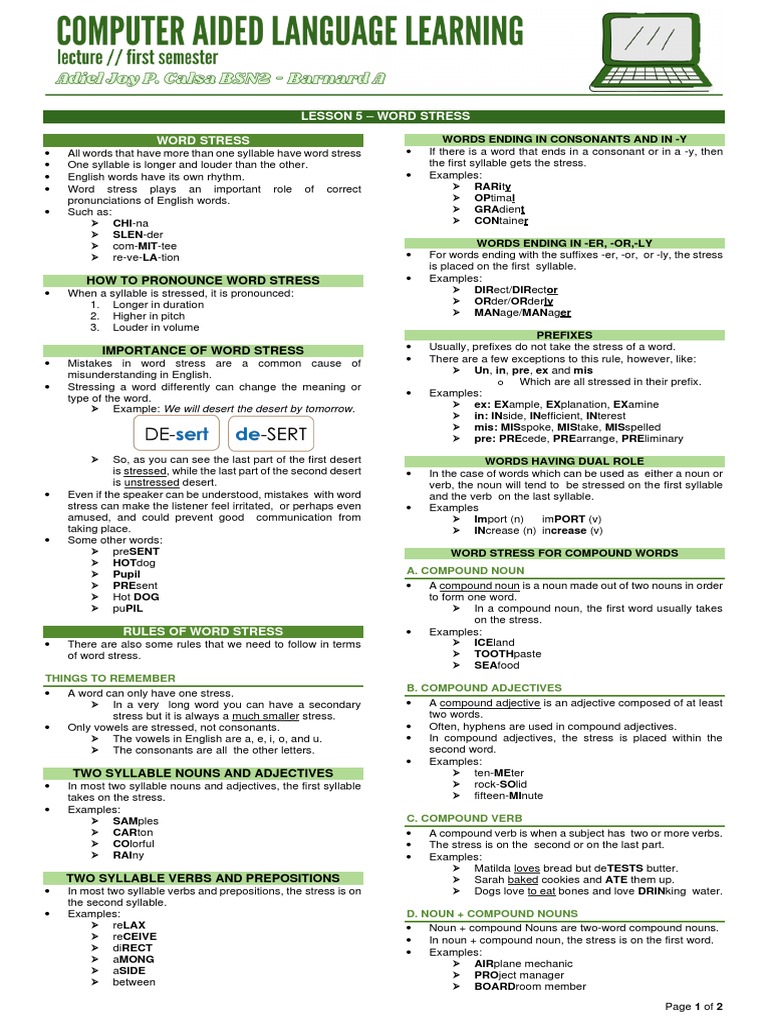 LESSON 5 - Word Stress | PDF | Stress (Linguistics) | Syllable