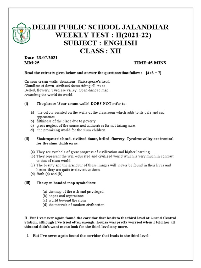 Class 12 English Weekly Test II | PDF