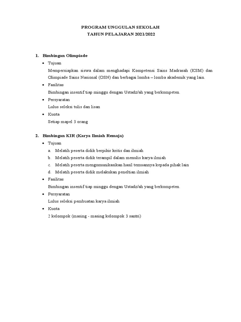 Program Unggulan Sekolah | PDF