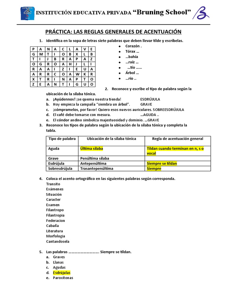 PRÁCTICA de Las Reglas Generales de Acentuación | PDF | Escritura ...