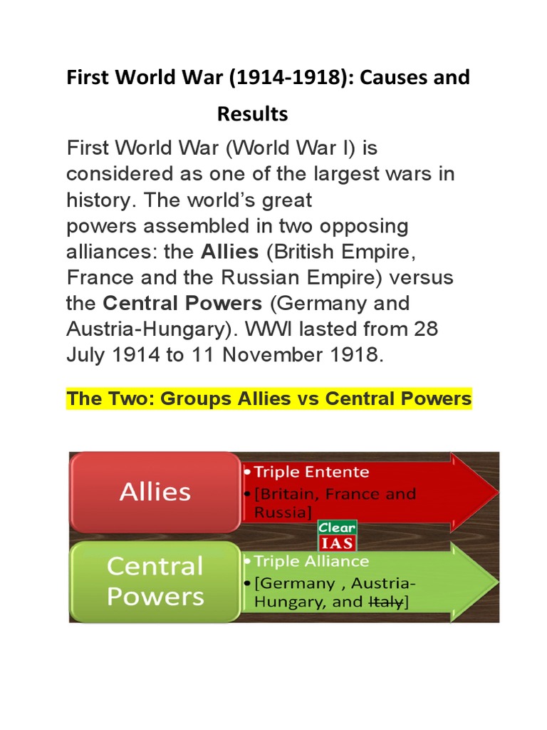 WWI: Allies vs Central Powers Groups and Causes of War | PDF | Allies ...