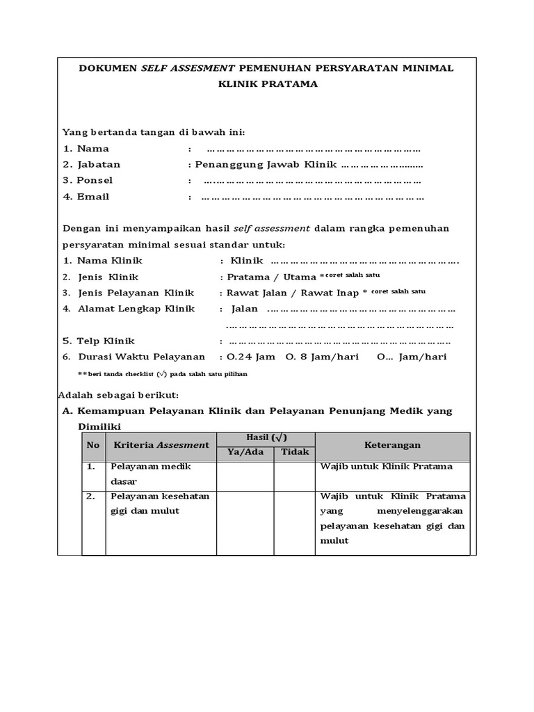 Dokumen Self Assessment Klinik Pratama | PDF | Sains & Matematika
