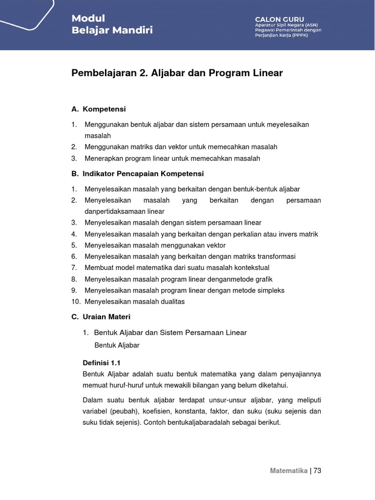 Aljabar dan Program Linear | PDF | Metode & Bahan Ajar | Komputer