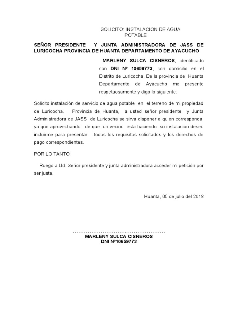 Solicitud Agua POTABLE JASS 2 | PDF