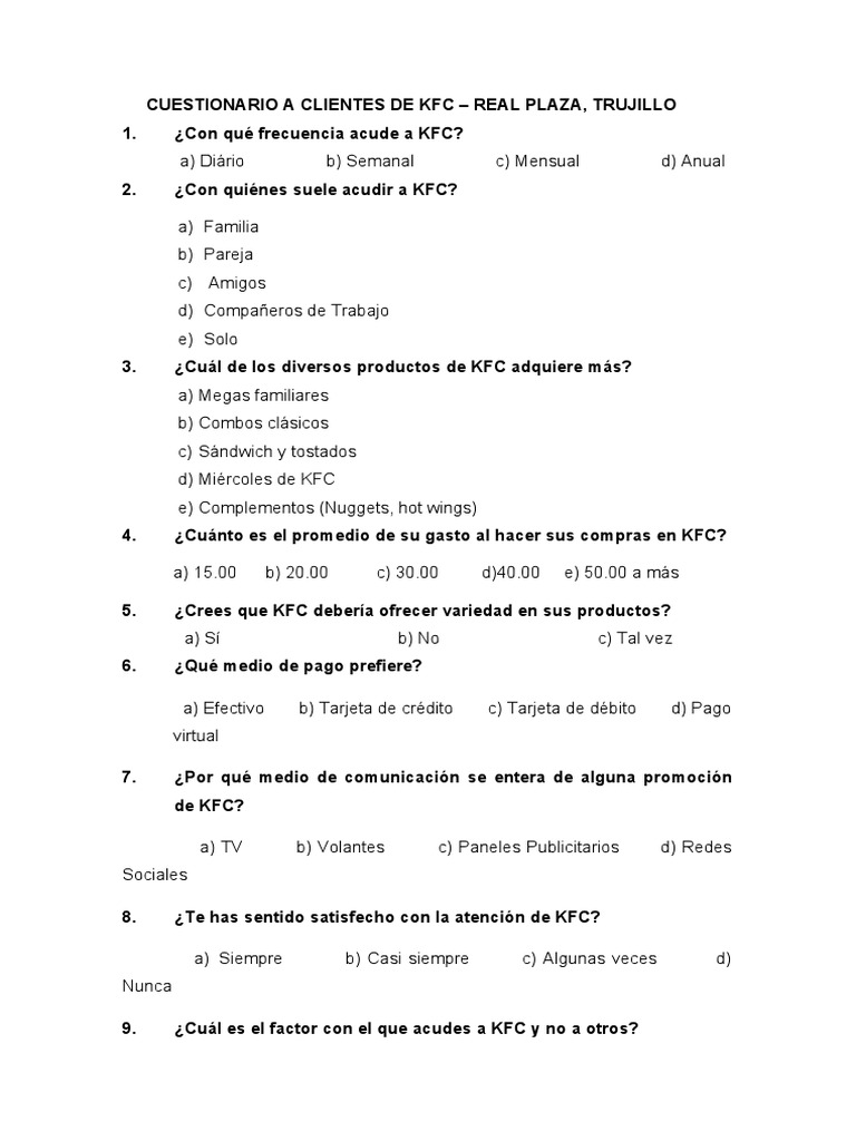 Cuestionario A Clientes de KFC ......... | PDF