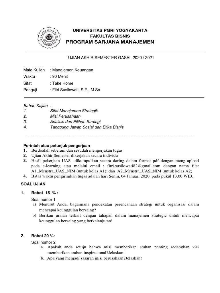 SOAL UAS - Manajemen Strategik - Fitri Susilowati - Mhs2 | PDF