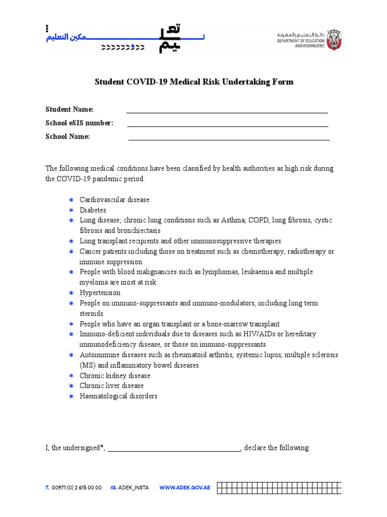 Student Medical Risk Undertaking Form | PDF | Chronic Condition ...