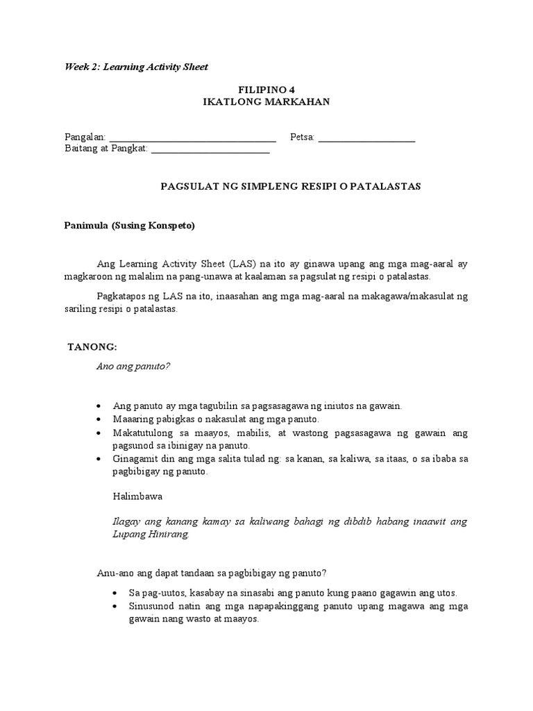 Filipino 4 LAS Q3 Pagsulat NG Simpleng Resipi o Patalastas | PDF