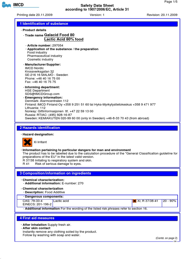 Safety Data Sheet for Galacid Food 80 Lactic Acid 80% Food | PDF | Water | Foods