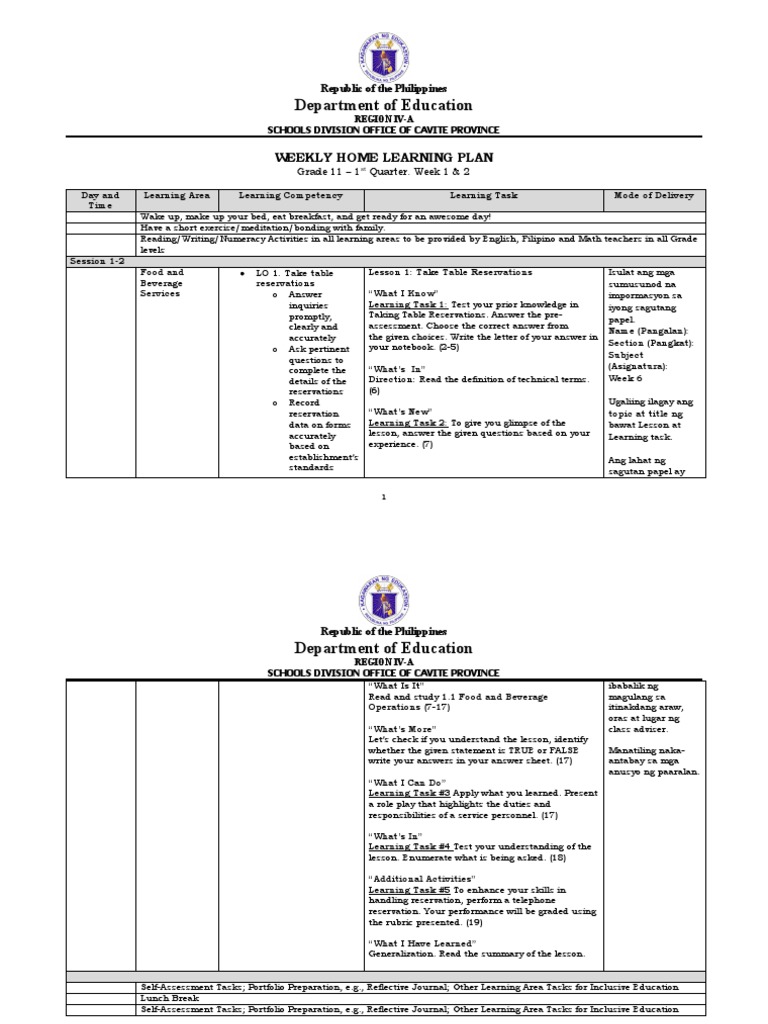 Weekly Home Learning Plan Week 1 2 | PDF | Educational Psychology ...