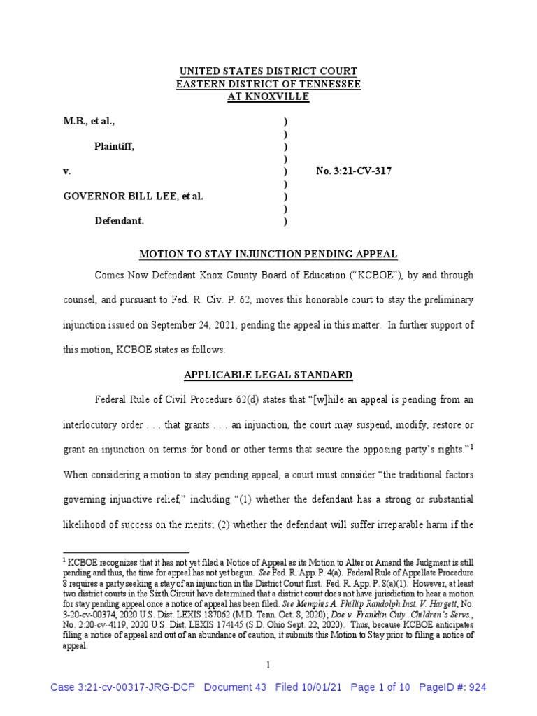 Motion To Stay Injunction Pending Appeal | PDF | Injunction | Appeal