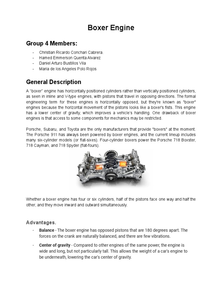 Boxer Engine: Group 4 Members | PDF | Engines | Vehicle Technology