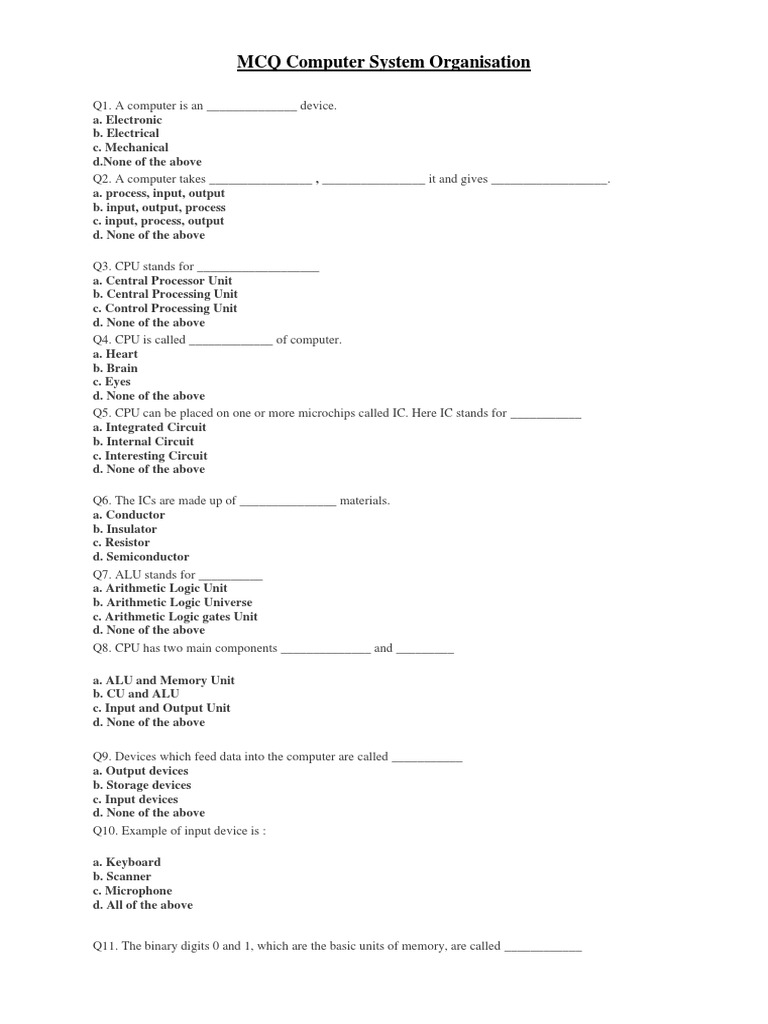 XI-MCQ Computer System Organisation | PDF | Central Processing Unit | Input/Output