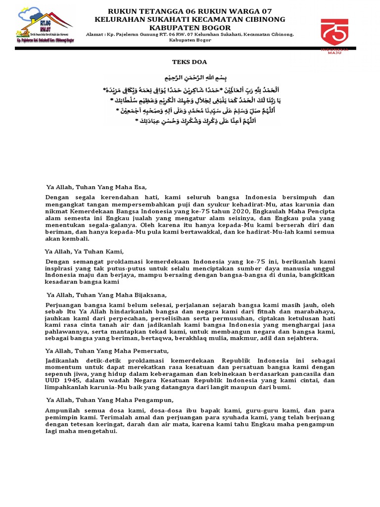 Susunan Acara & Teks Doa HUT RI 75 RT 06 | PDF