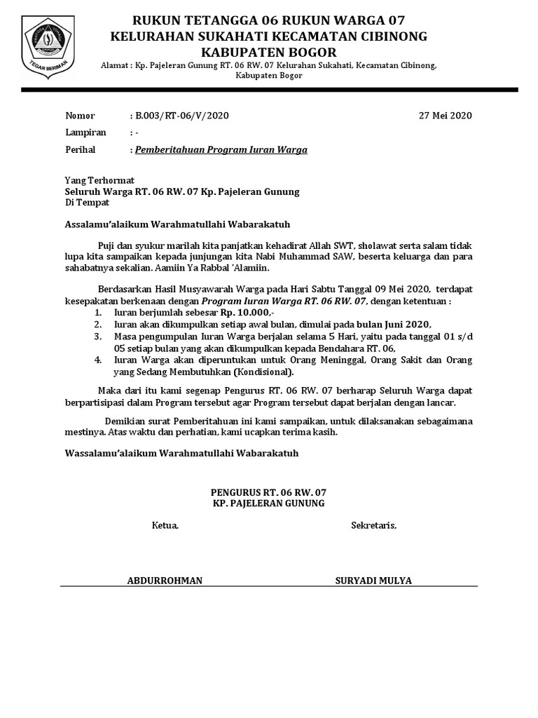 B. 003 Surat Pemberitahuan Iuran Bulanan Warga | PDF