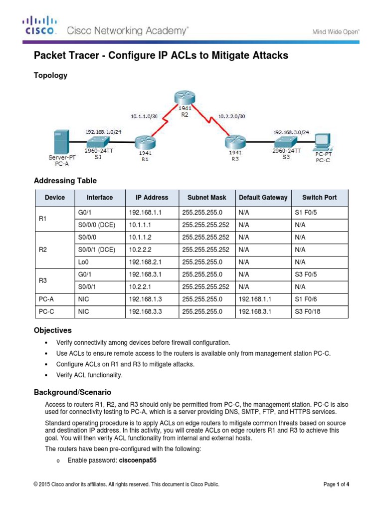 4.1.2.5 Packet Tracer - Configure IP ACLs To Mitigate Attacks | PDF | Router (Computing ...