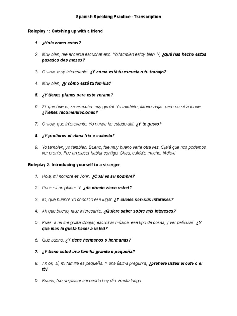 Spanish Speaking Practice - Transcription | PDF