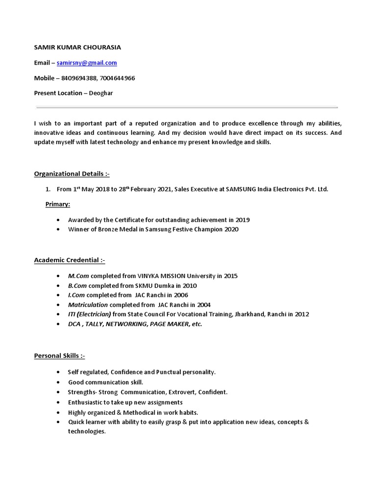 Samir Kumar Chourasia's Profile | PDF | Career & Growth