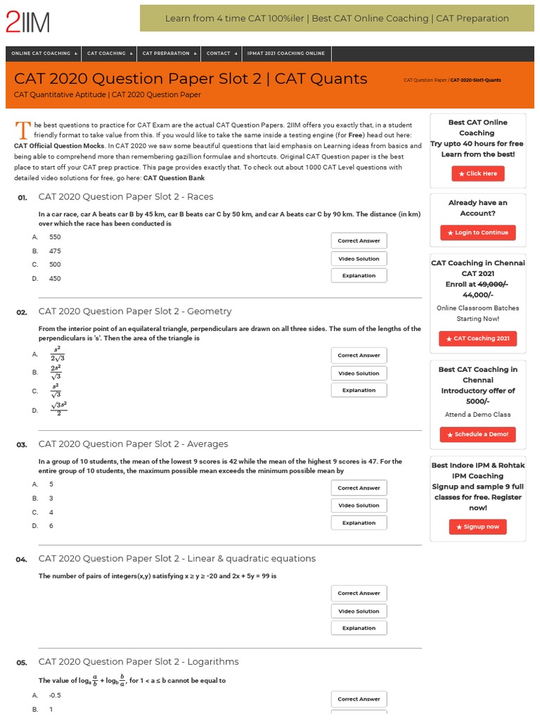 CAT 2020 Question Paper Slot 2 - CAT Quants | PDF | Graduate Record ...