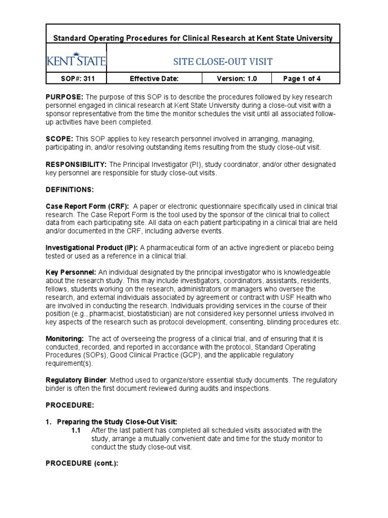 Site Close-Out Visit: Standard Operating Procedures For Clinical ...